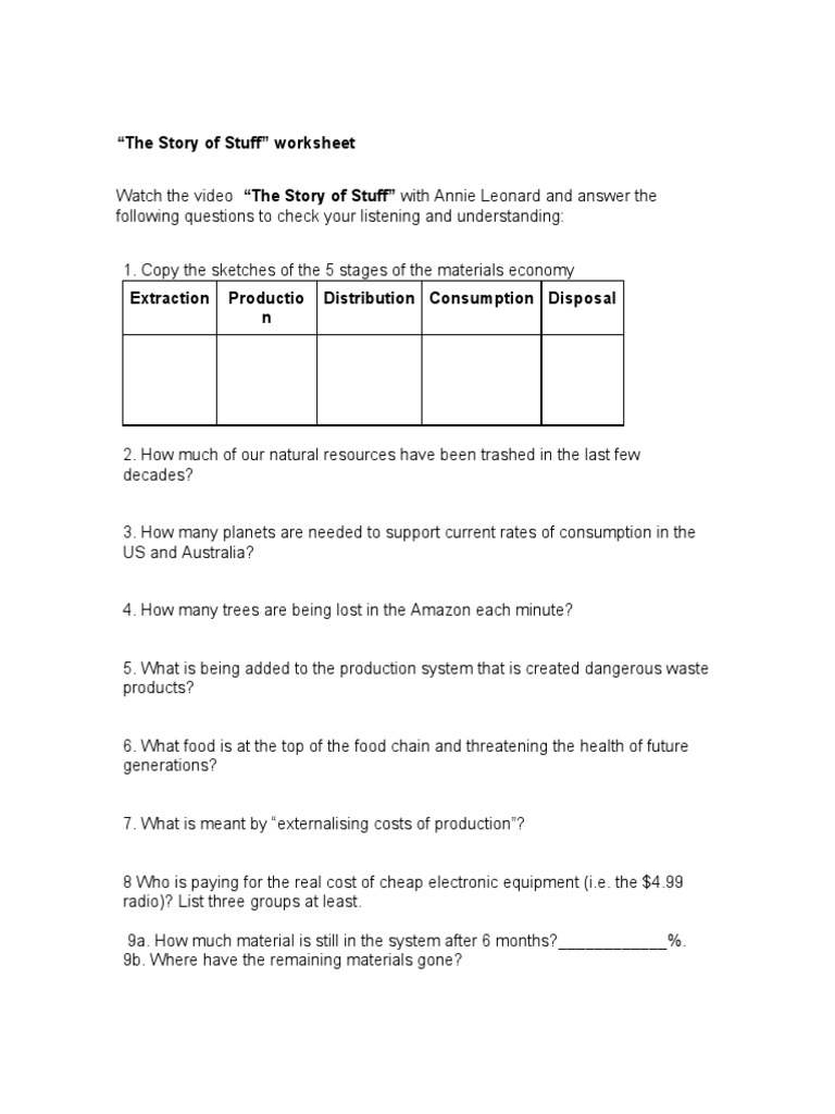 "The Story of Stuff" Worksheet | PDF | Recycling | Waste