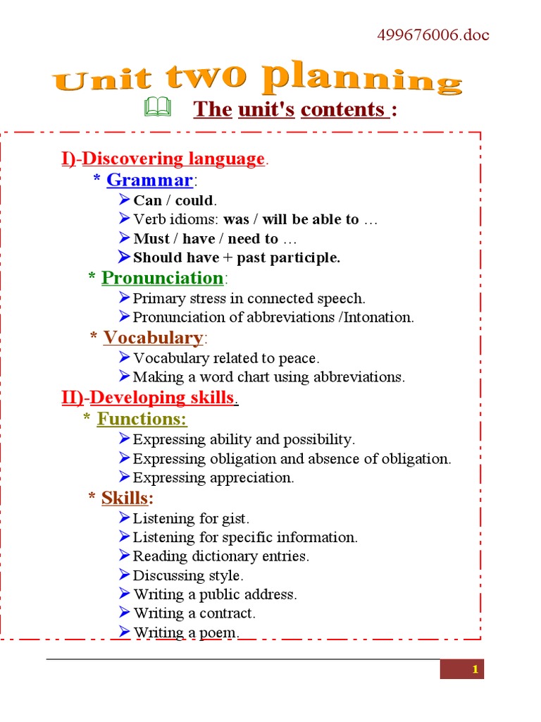 The Unit's Contents:: I) - Discovering Language | PDF | United Nations ...