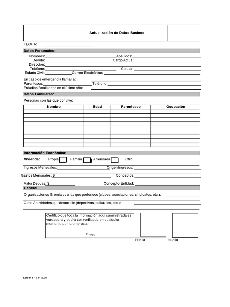 Formato Actualizacion de Datos Basicos | PDF