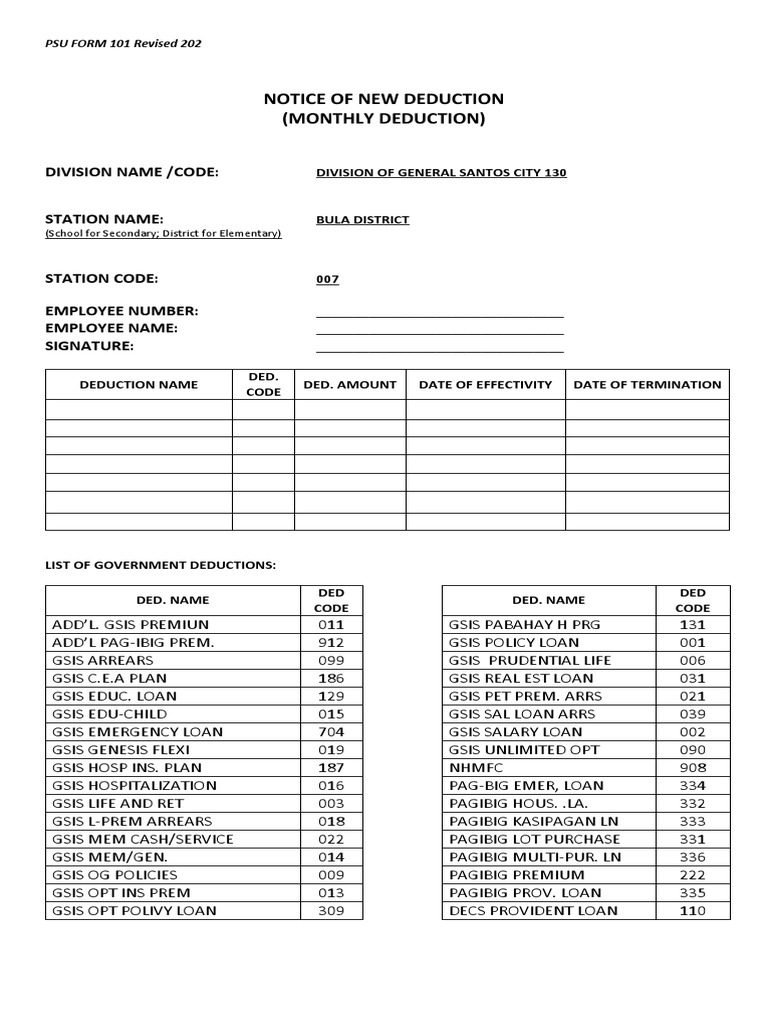 PSU FORM 101 Revised 202 (NOTICE OF NEW DEDDUCTION) | Download Free PDF ...