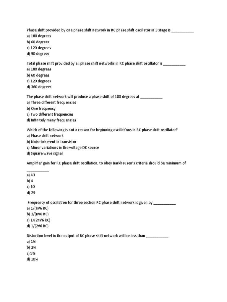 Phase Shift Provided by One Phase Shift Network in RC Phase Shift ...