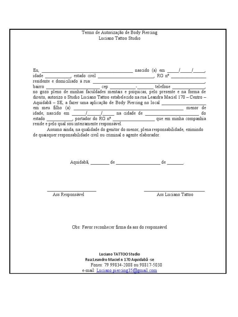 Autorizacao - Body - Piercing - Luciano Tattoo | PDF