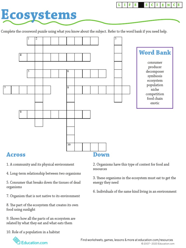 Life Science Crossword Ecosystems | PDF | Ecosystem | Biogeography