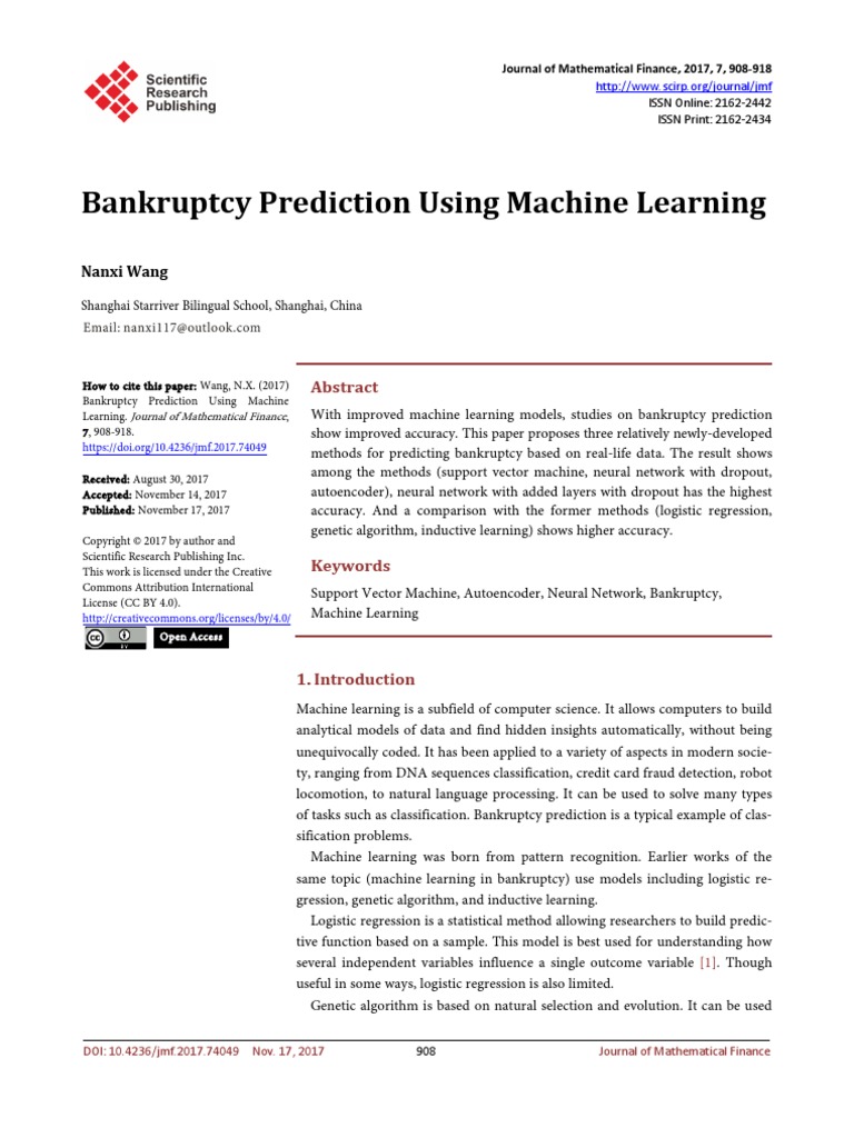 Bankruptcy Prediction Using Machine Learning: Nanxi Wang | PDF ...