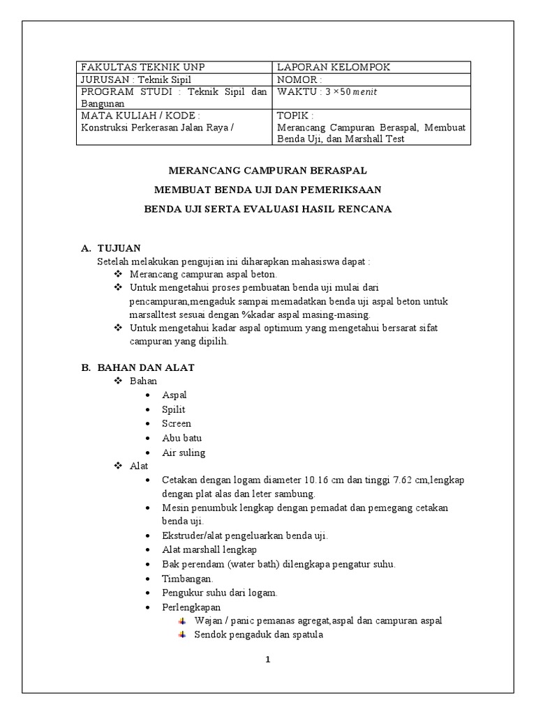 RANCANGAN BENDA UJI CAMPURAN ASPAL Docx | PDF