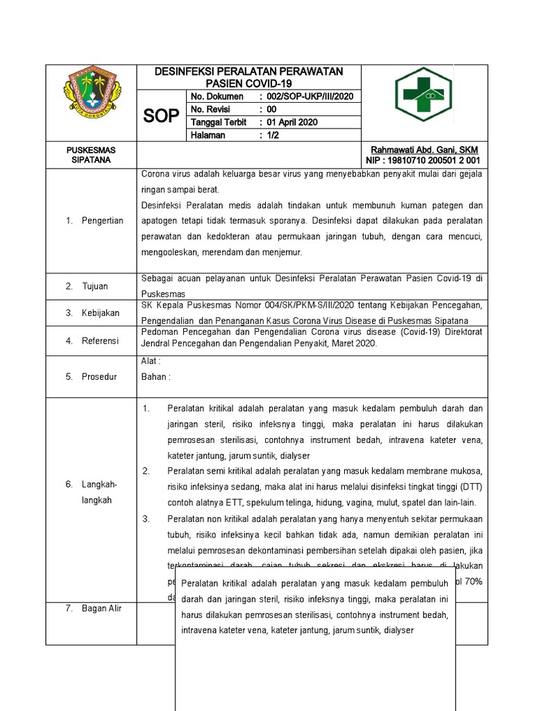 Sop Desinfeksi Peralatan Perawatan Pasien Covid | PDF