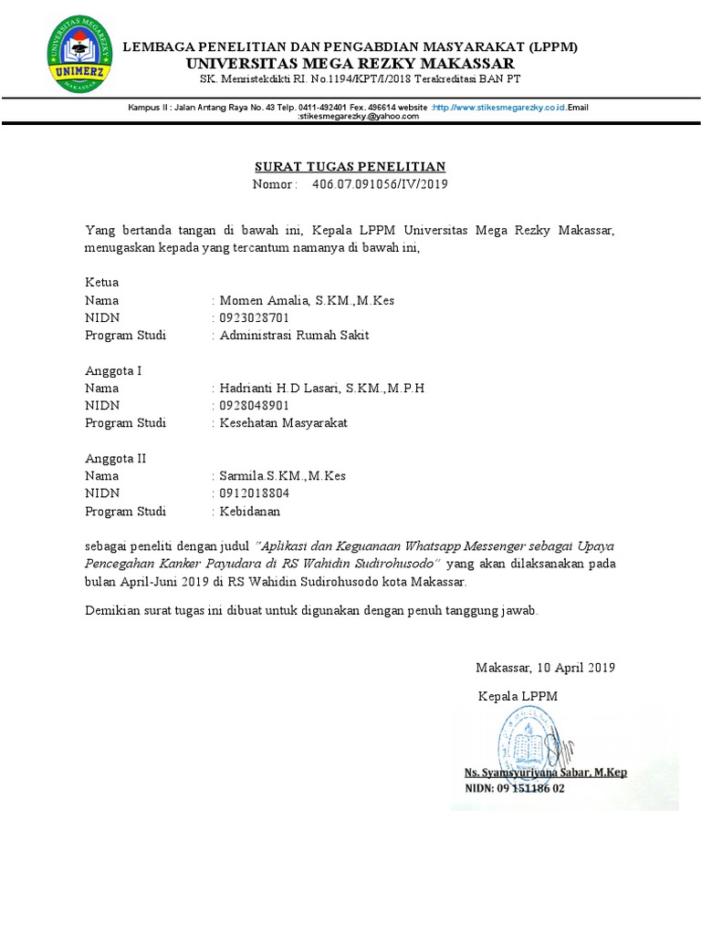 Surat Tugas Penelitian Mahasiswa 2019 | PDF