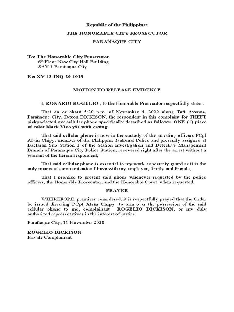 Motion To Release Evidence | PDF