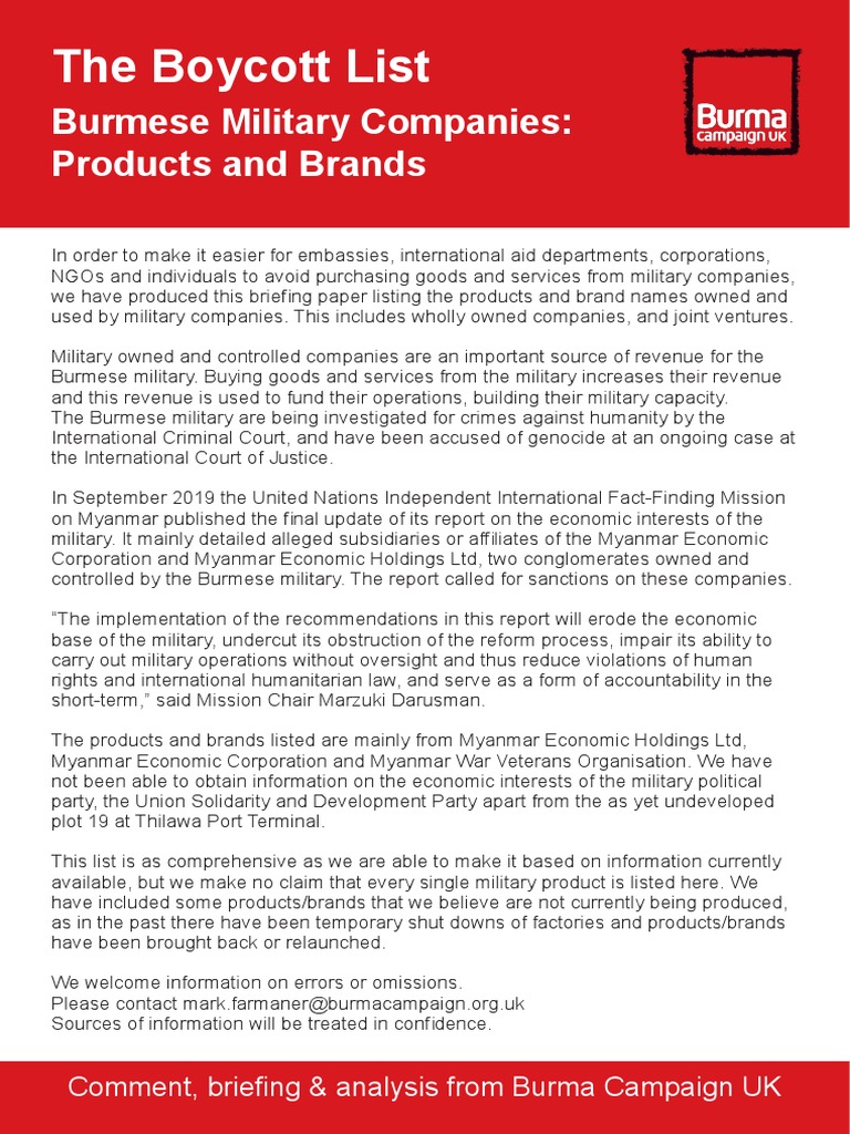 The Boycott List PDF | PDF | Myanmar | Corporations