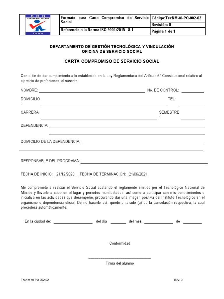 Carta Compromiso Servicio Social | PDF | Negocios | Finanzas y dinero