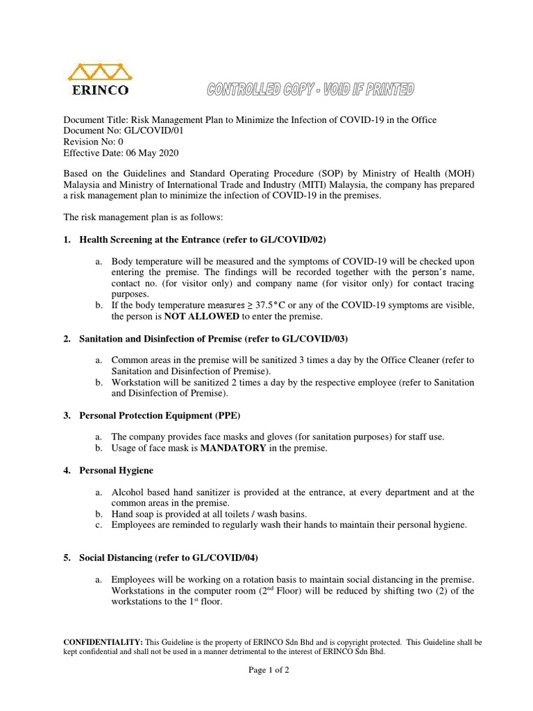 Covid Sop - Risk Management Plan To Minimize The Infection of Covid-19 ...