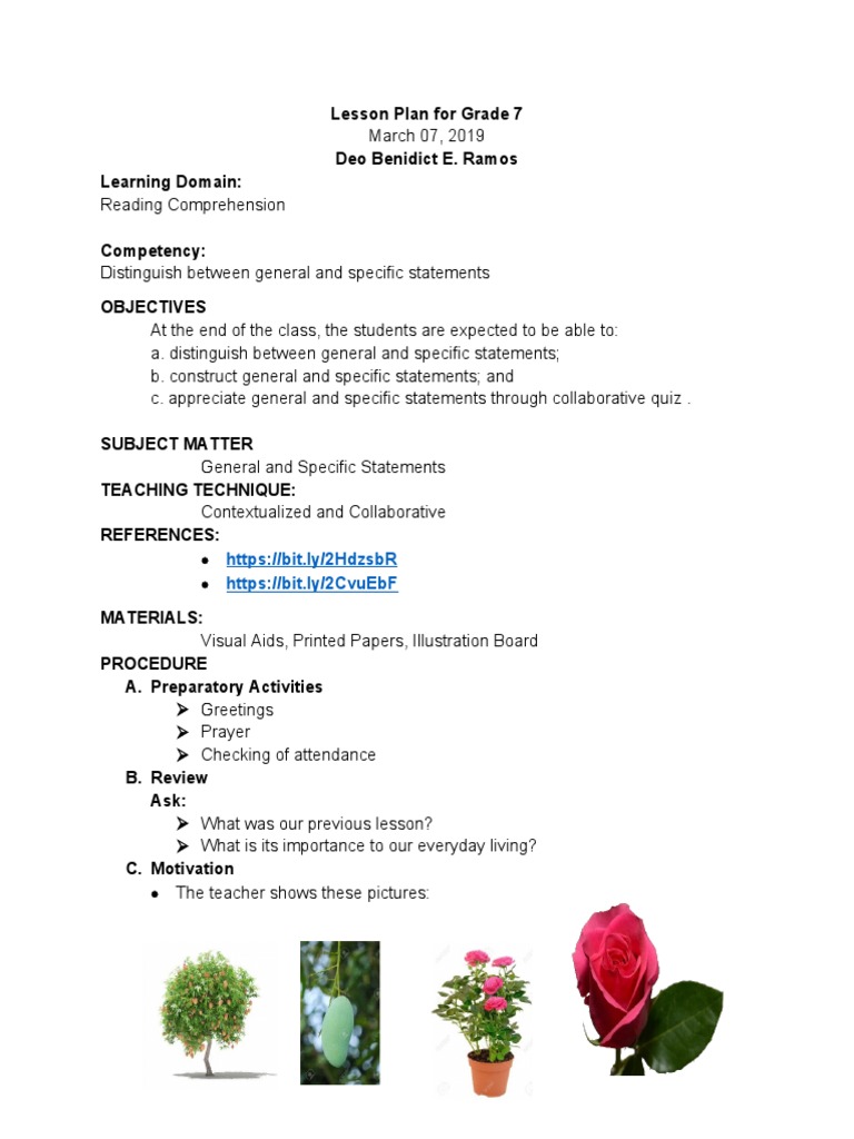 LP - General and Specific Statement | PDF | Lesson Plan | Teachers