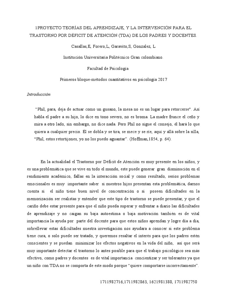 Proyecto (Tda) de Los Niños en Edad Escolar | PDF | Desorden hiperactivo y deficit de atencion ...