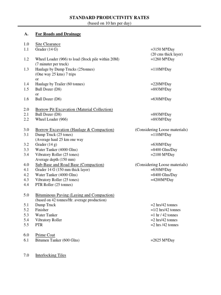 Standard Productivity Rates in Construction | PDF | Masonry | Concrete