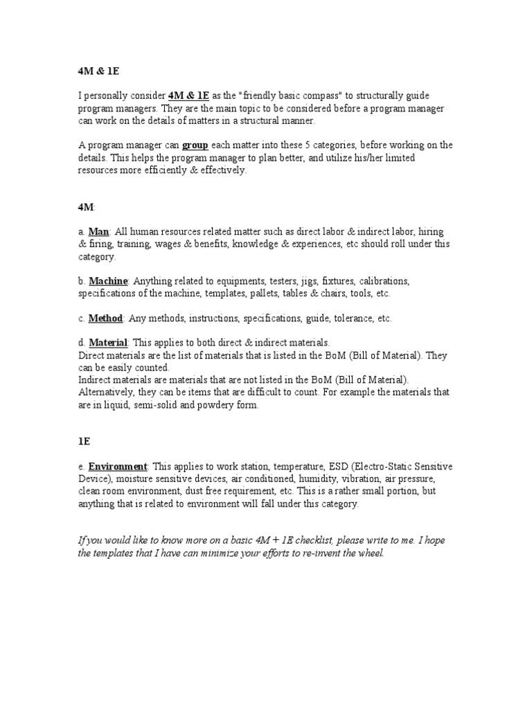 4M & 1E Framework for Program Managers | PDF