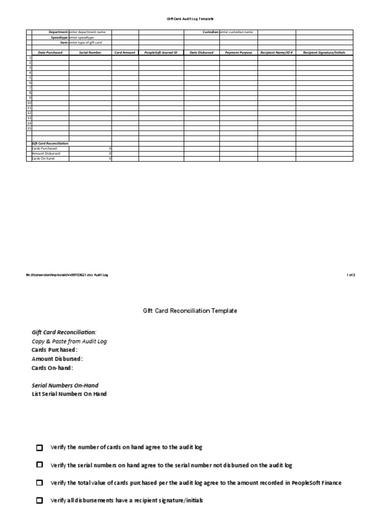 Gift Card Audit Log Template | PDF