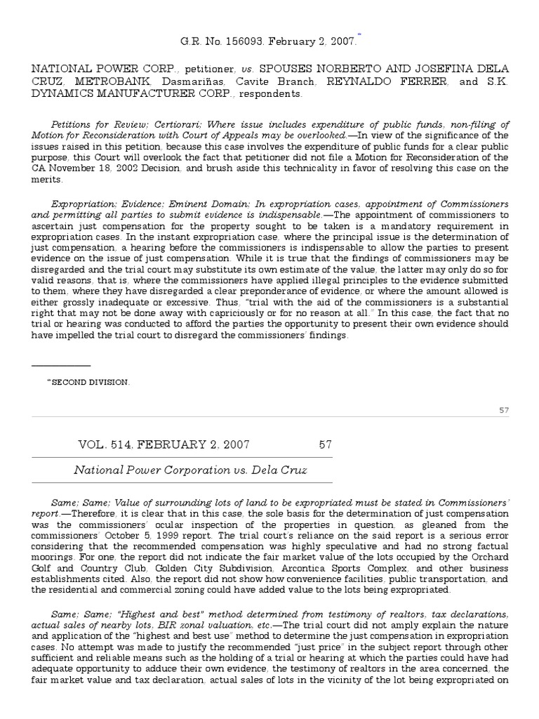 NPC vs. Sps. de La Cruz | PDF | Eminent Domain | Just Compensation