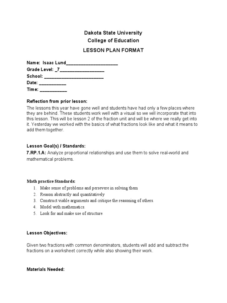 Dakota State University College of Education Lesson Plan Format | PDF ...