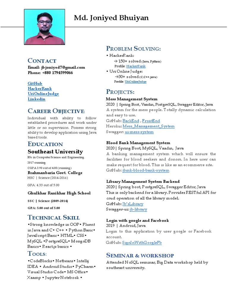 CV - Joniyed Bhuiyan PDF | PDF | Java (Programming Language) | Library (Computing)