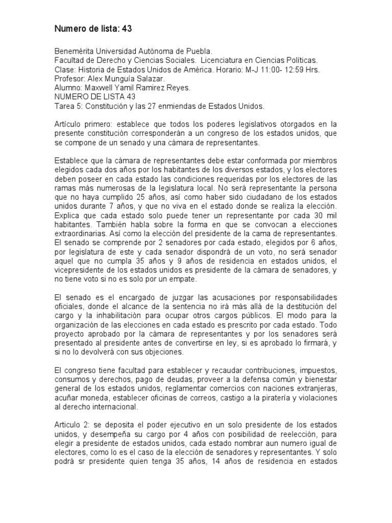 Tarea 5 Constitucion de Estados Unidos y Las 27 Enmiendas | PDF ...