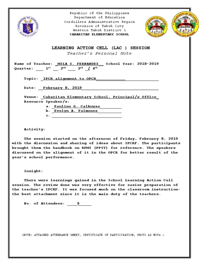 Learning Action Cell Lac Session Teacher S Personal Note | PDF ...
