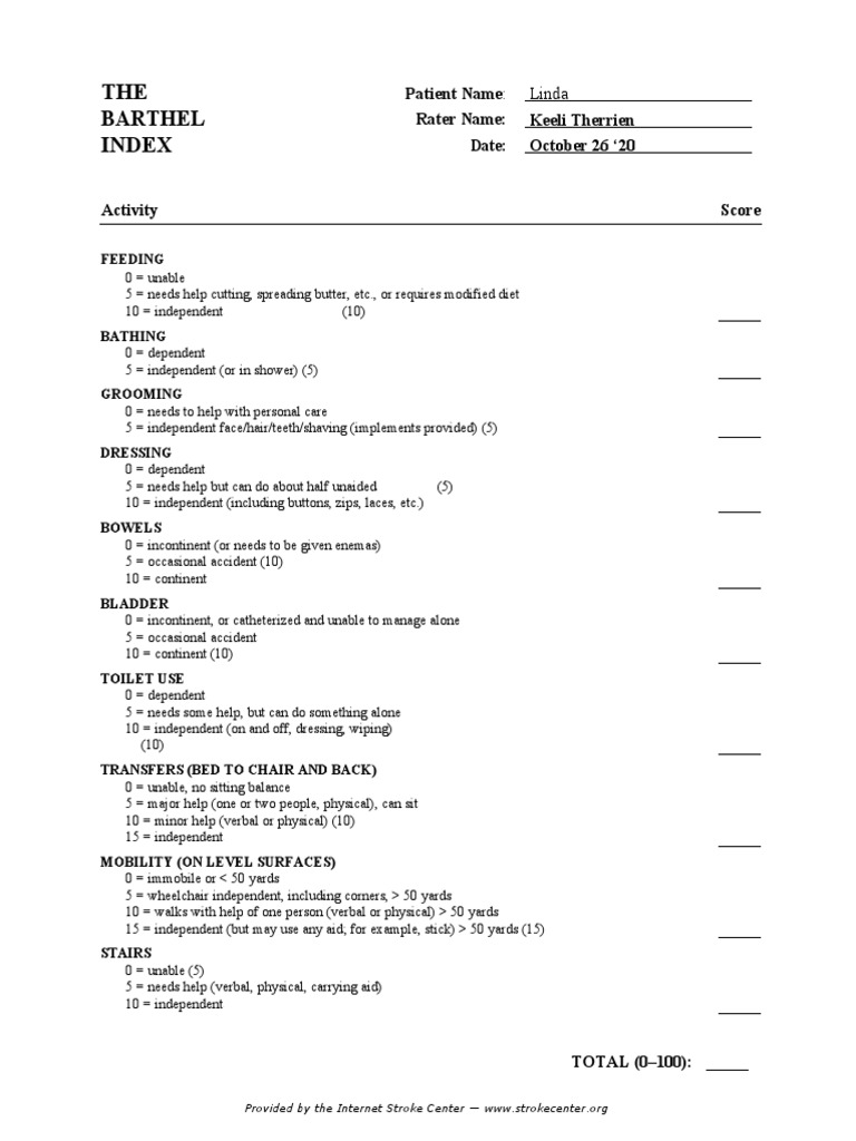 THE Barthel Index: Patient Name: Rater Name: Date: Keeli Therrien ...