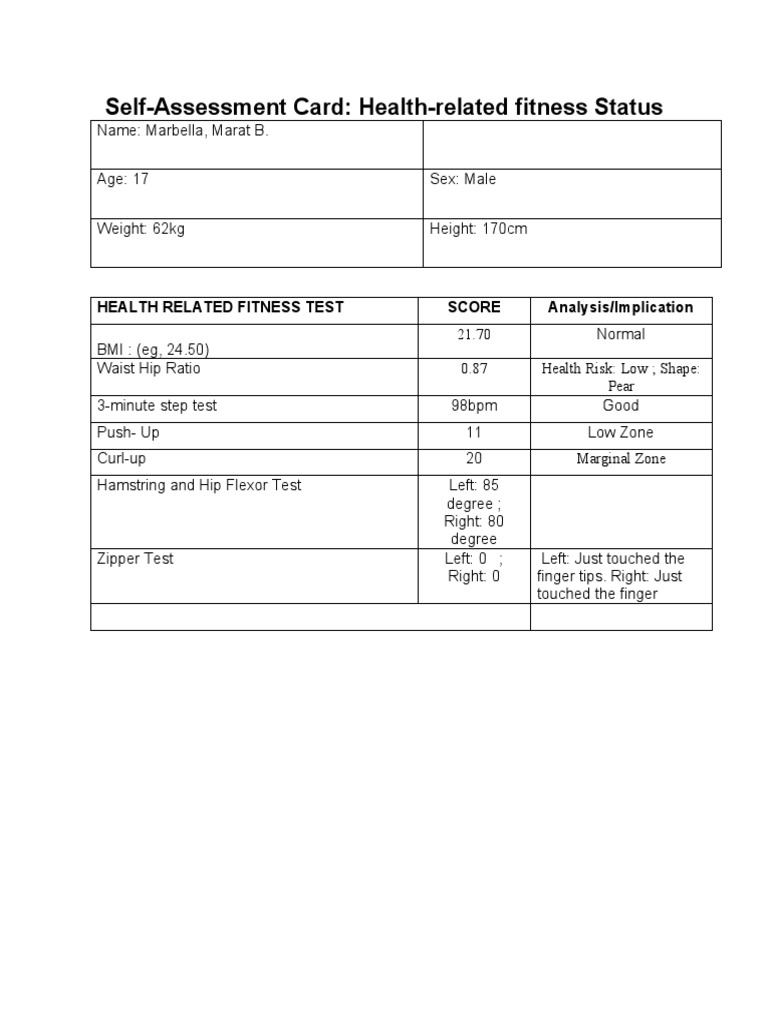 Self-Assessment Card: Health-Related Fitness Status | PDF