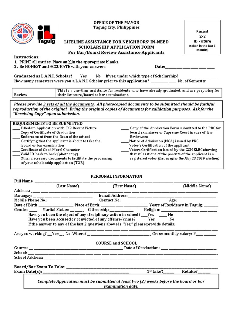 Taguig Lifeline Scholarship Application Form | PDF | Test (Assessment ...