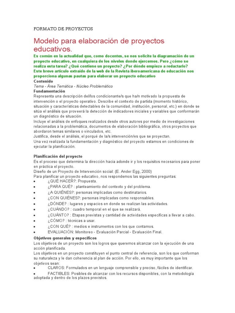 Formato de Proyectos | PDF | Planificación | Evaluación