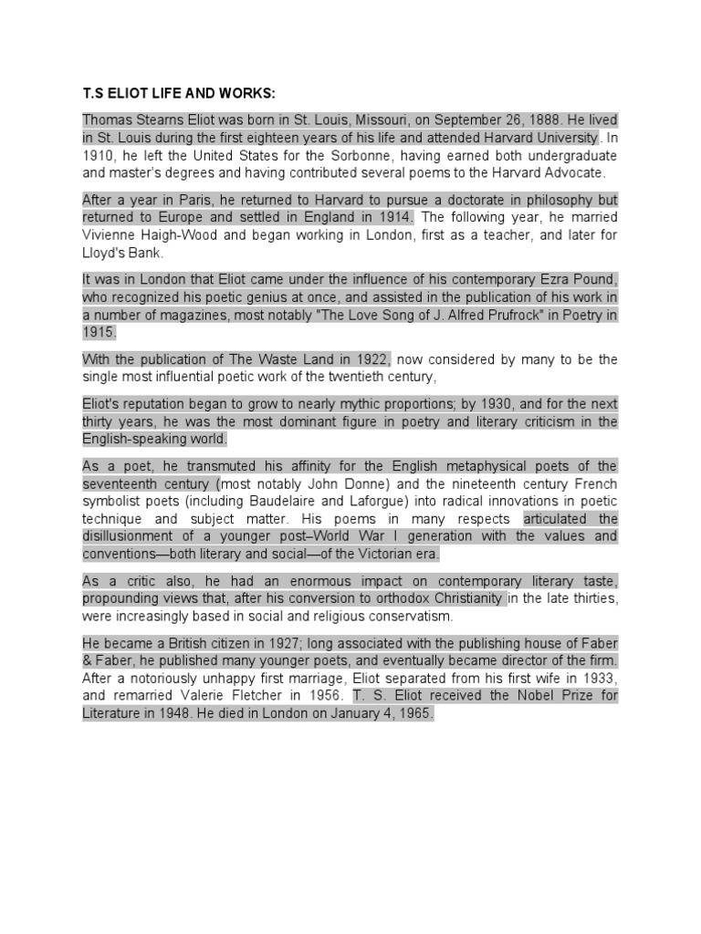 T.S Eliot Life and Works | PDF | T. S. Eliot | Divine Comedy