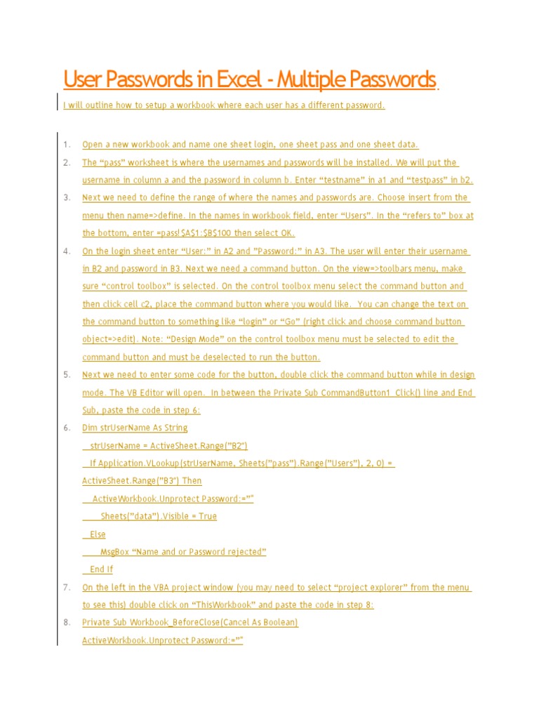 Setting Up User-Specific Passwords in Excel Using VBA: A Guide to Creating a Workbook with ...