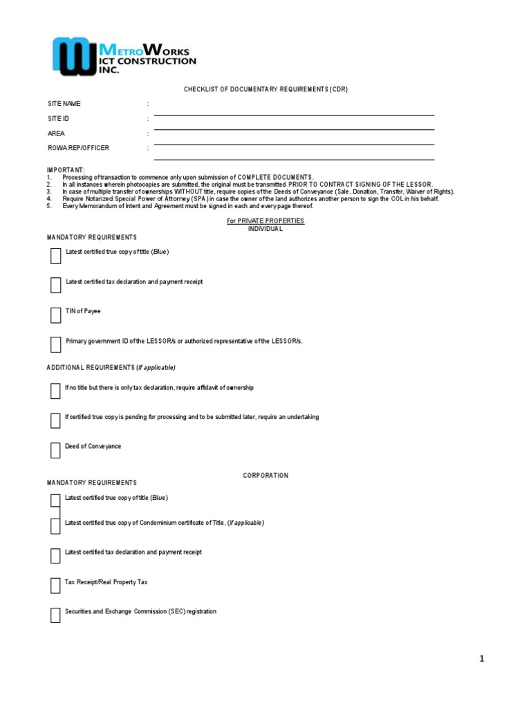 Checklist of Documentary Requirements | PDF | Conveyancing | Payments