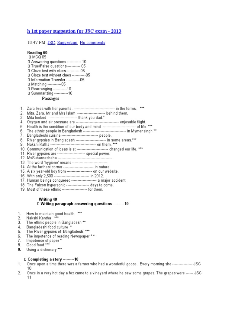 H 1st Paper Suggestion For JSC Exam - 2013 | PDF