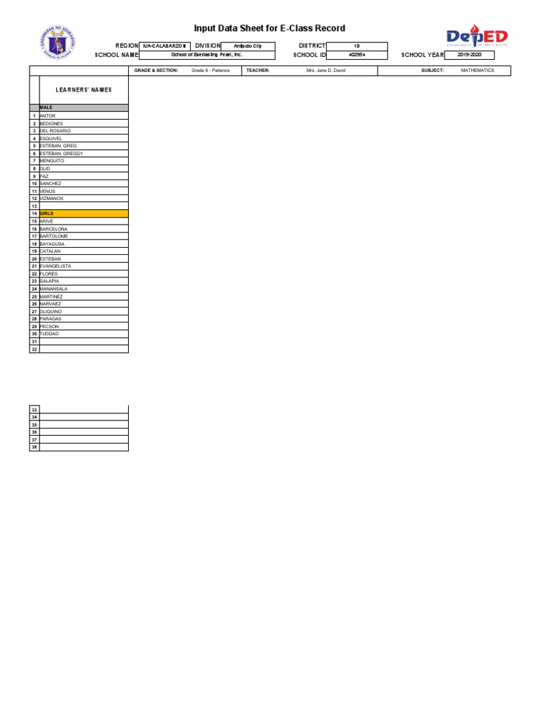 Input Data Sheet For E-Class Record: Region Division District School ...