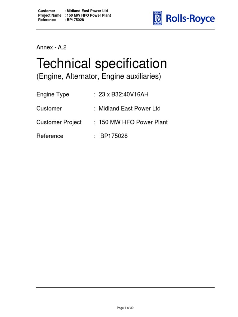 Technical Specification: (Engine, Alternator, Engine Auxiliaries) | PDF ...