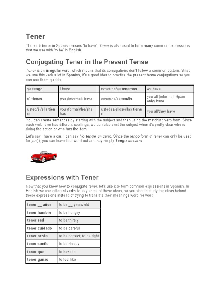 Tener: Conjugating Tener in The Present Tense | PDF | Grammatical ...