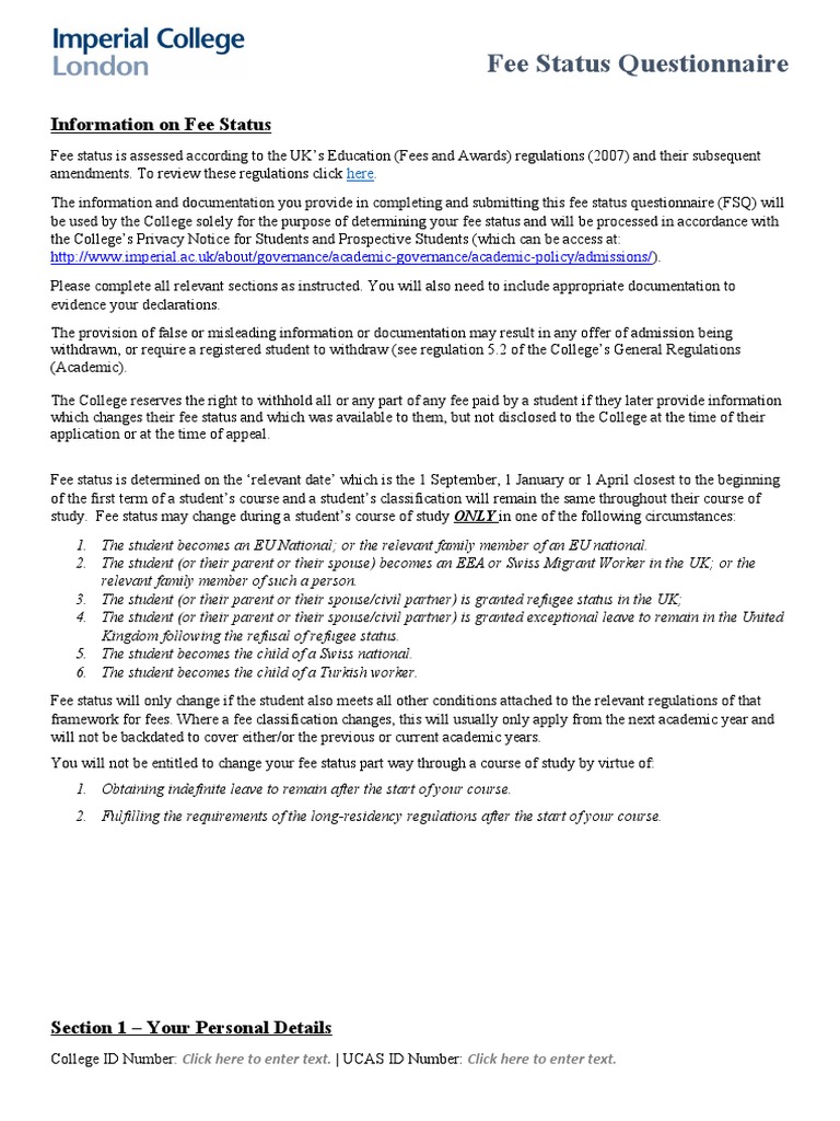 Fee Status Questionnaire | Download Free PDF | Social Institutions | Social Science