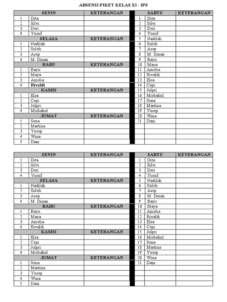 Absensi Piket Kelas Xi | PDF