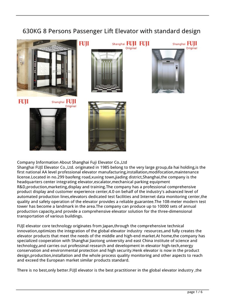 630kg 8 Persons Passenger Lift Elevator With Standard Design | PDF