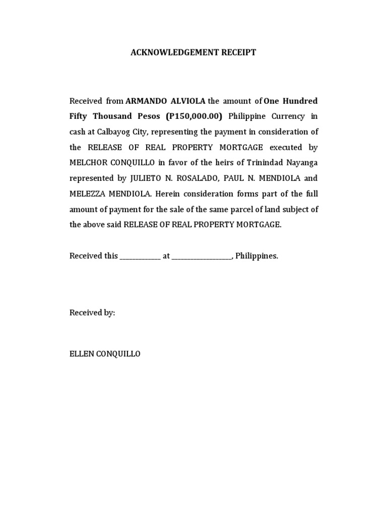 Acknowledgement Receipt: Fifty Thousand Pesos (P150,000.00) Philippine ...