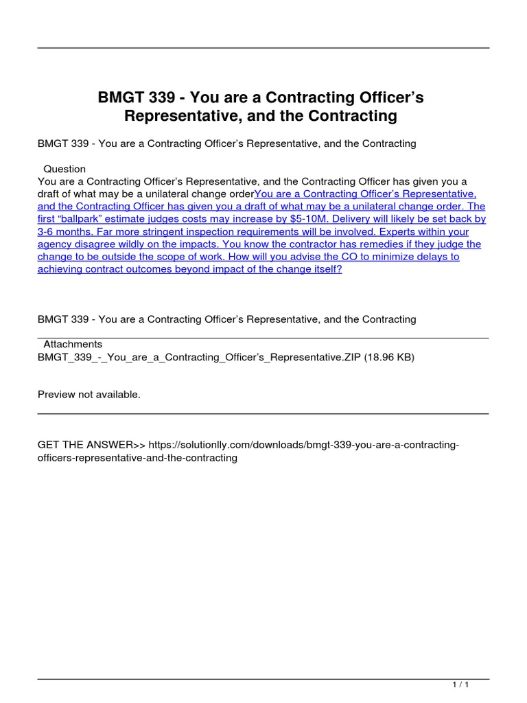 BMGT 339 You Are A Contracting Officers Representative and The ...