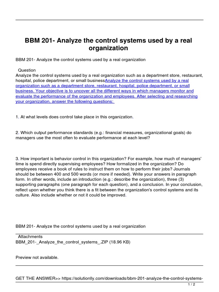 BBM 201 Analyze The Control Systems Used by A Real Organization | PDF ...