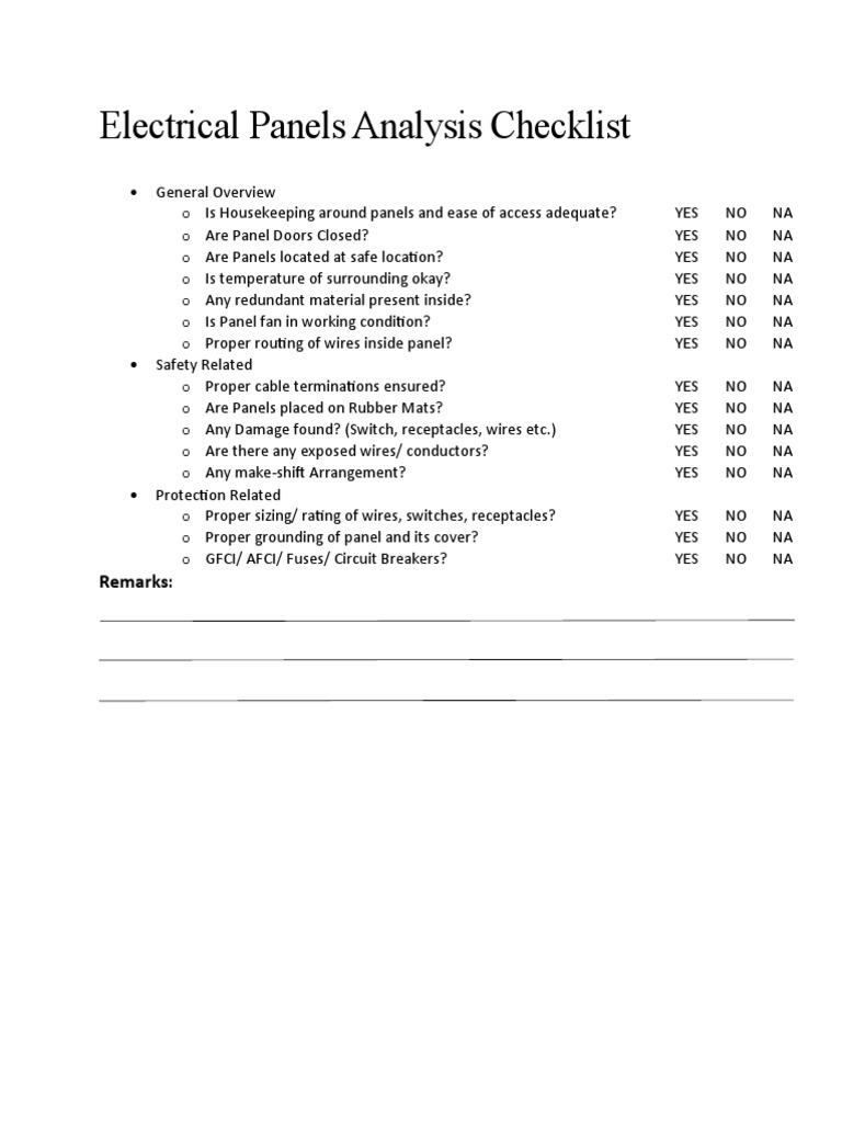 Electrical Panels Analysis Checklist: Remarks | PDF