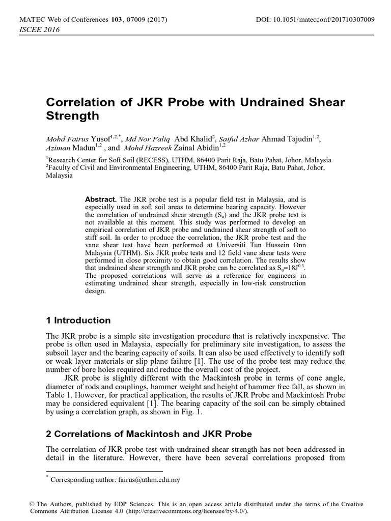 Correlation of JKR Probe With Undrained Shear Stre | PDF | Soil ...