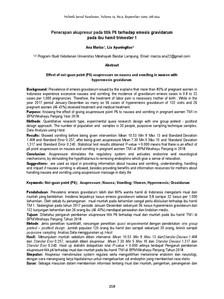 Penerapan Akupresur Pada Titik P6: Terhadap Emesis Gravidarum Pada Ibu ...