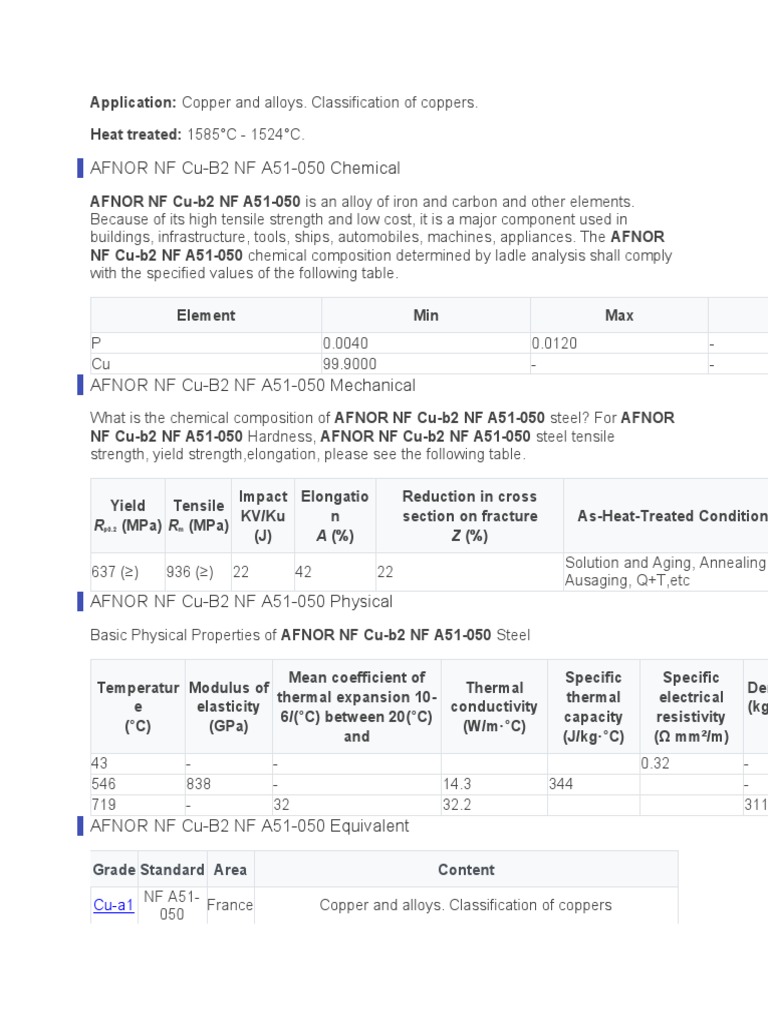 AFNOR NF Cu-B2 NF A51-050 | Download Free PDF | Copper | Alloy
