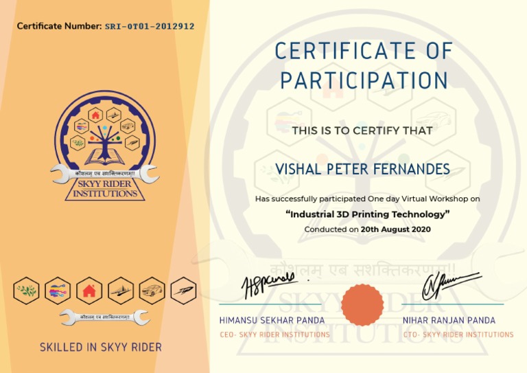 Certificate of Participation-Industrial 3D Printing Technolog | PDF ...