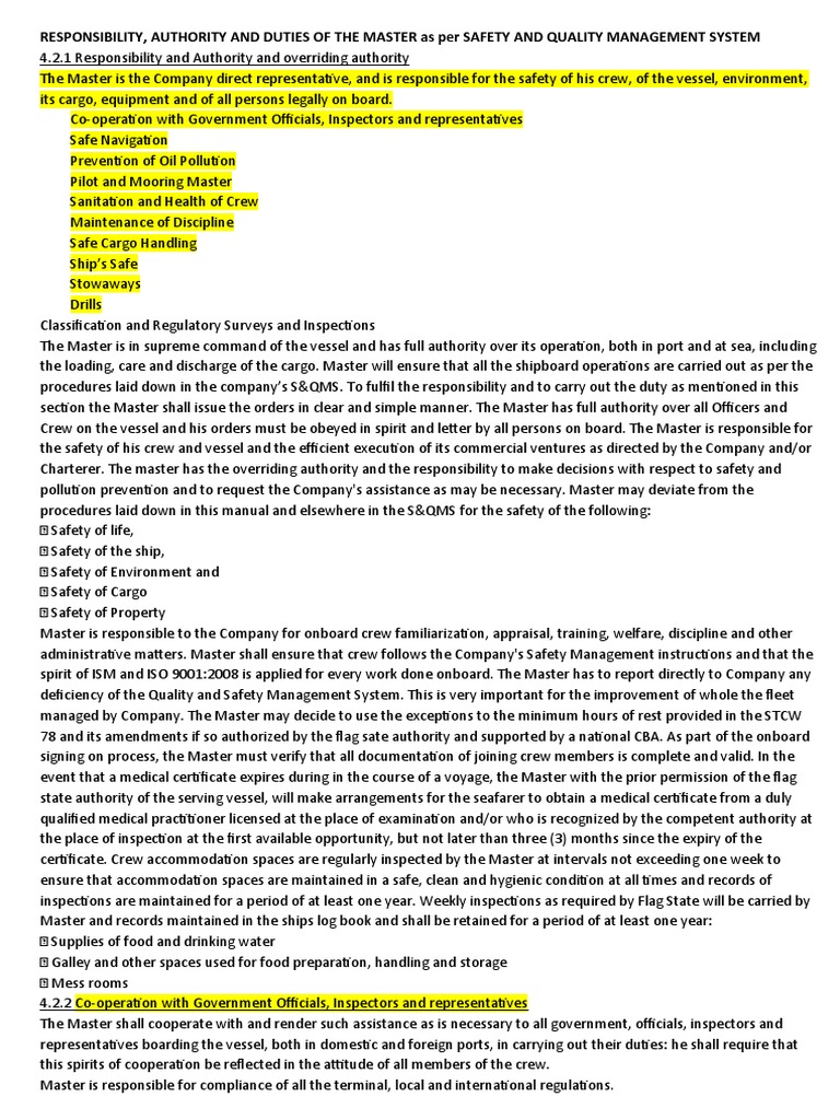 Responsibility, Authority and Duties of The Master As Per Safety and ...
