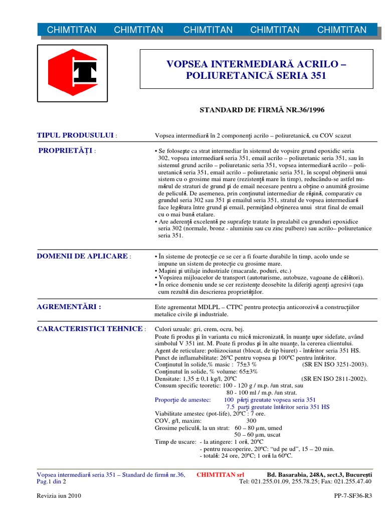 Fise Tehnica Vopsea Acrilo-Poliuretanica Intermediara Seria 351 | PDF