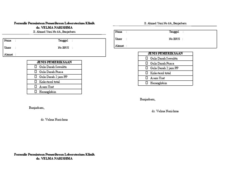 Formulir Permintaan Pemeriksaan Laboratorium Klinik | PDF
